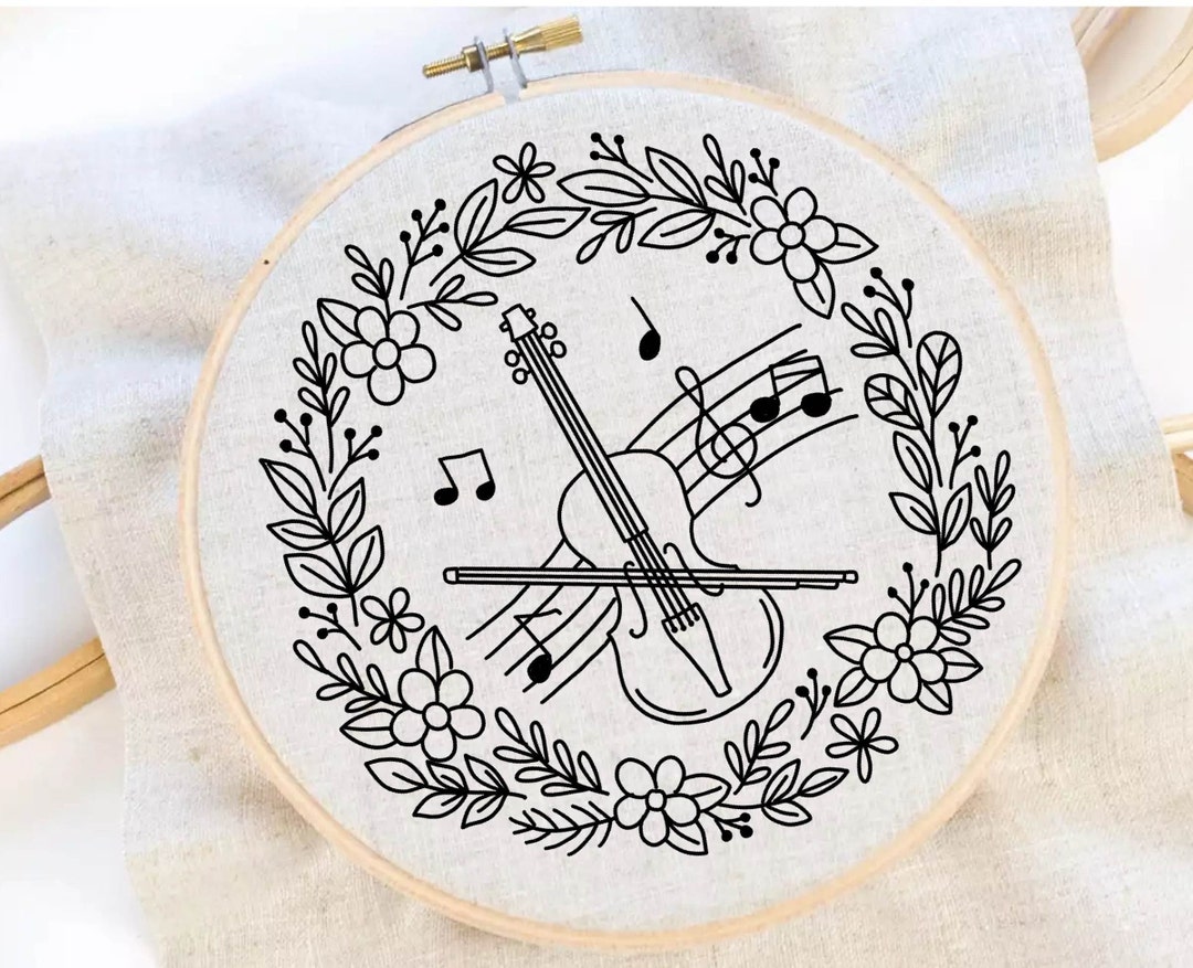 Violin Embroidery Pattern Violin Flower Embroidery Musical Instrument ...