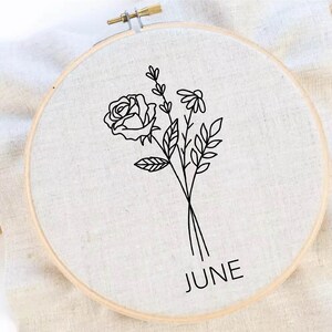 Birth Month Flower Embroidery Pattern June Flower Embroidery Rose ...