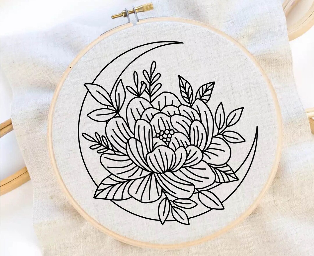 Moon Flower Embroidery Pattern Celestial Moon Embroidery Pattern Lunar ...