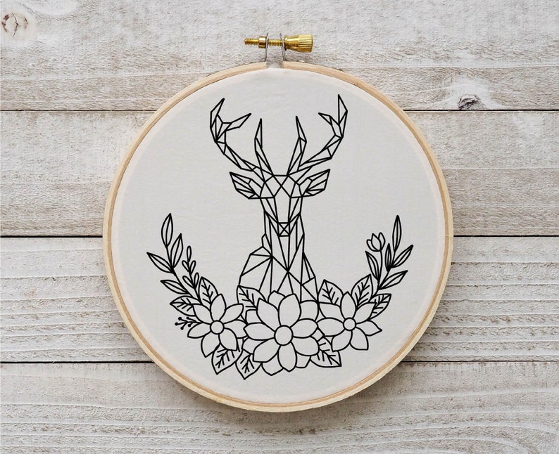 Deer Embroidery Pattern Deer and Flower Embroidery Pattern Woodland ...