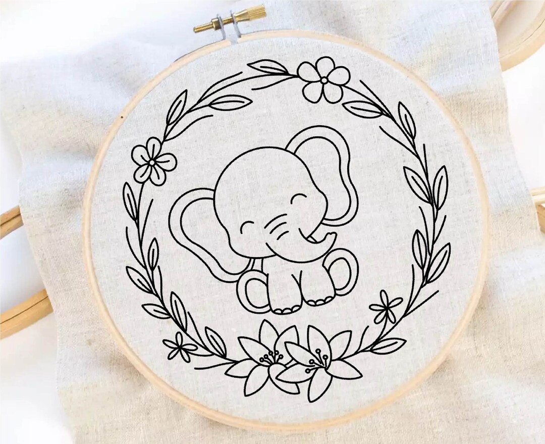 Elephant Embroidery Baby Elephant Embroidery Flower Wreath Embroidery ...