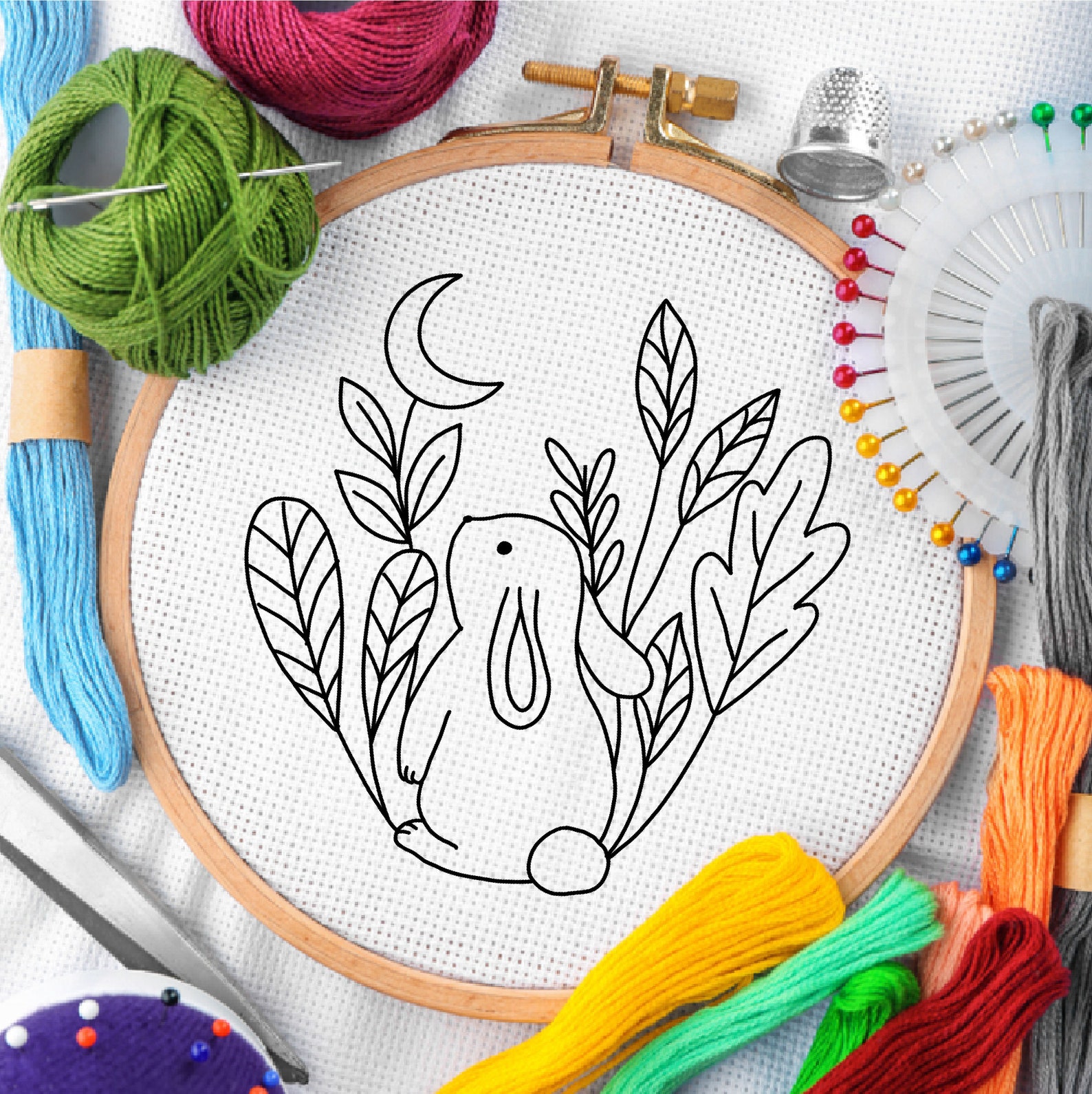 Bunny Embroidery Pattern Rabbit Plants Embroidery Cute Bunny Embroidery ...