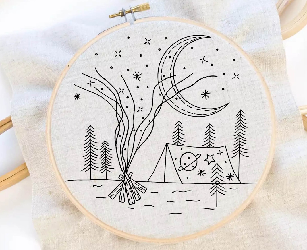 Camping Embroidery Pattern Galaxy Embroidery Camping Night Pattern Moon ...