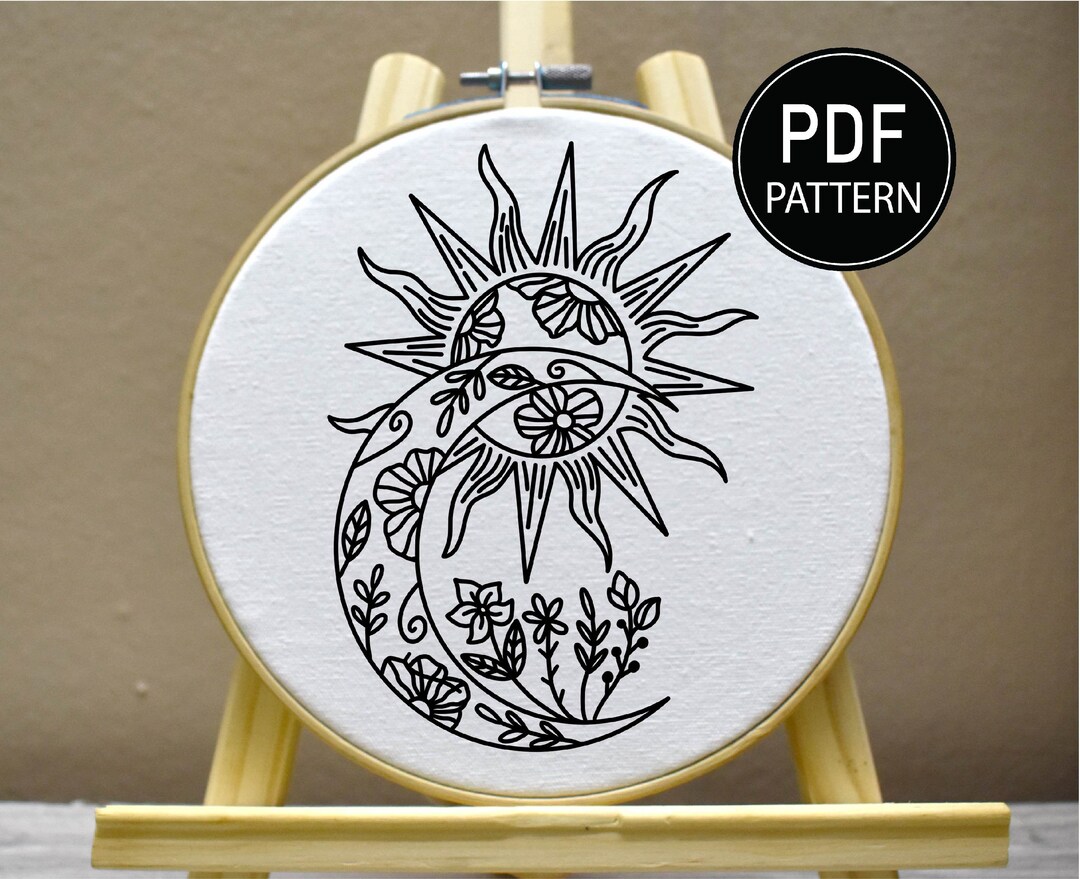 Moon Flower Embroidery Pattern Celestial Moon Embroidery - Etsy