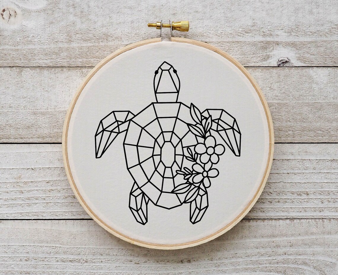 Turtle Flower Embroidery Turtle Hand Embroidery Floral Hand Embroidery ...