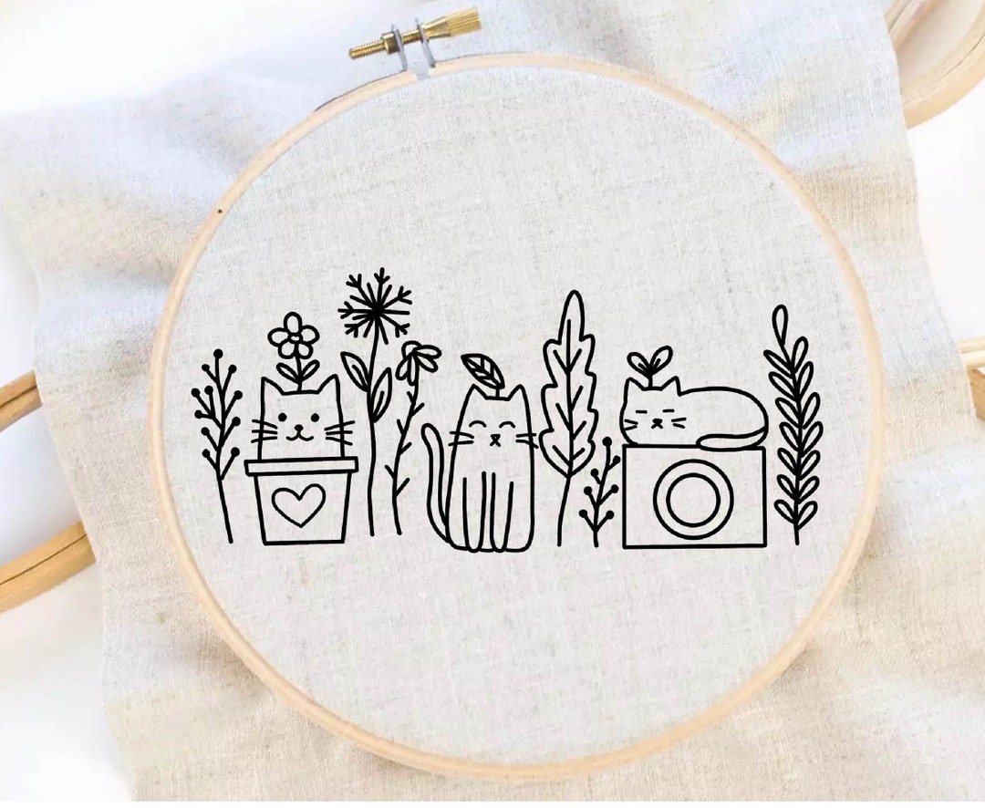 Cats Embroidery Pattern Cute Cat Embroidery Cat Flower Embroidery ...