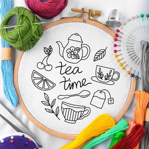 Tea Time Embroidery Pattern Tea Cup Hand Embroidery Tea Pot Hand ...