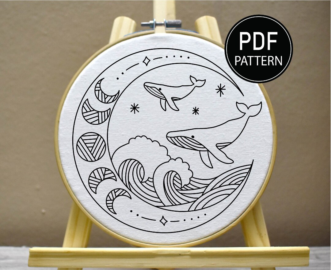 Whale Embroidery Pattern Sea Whale Embroidery Lunar Moon Phases Pattern ...