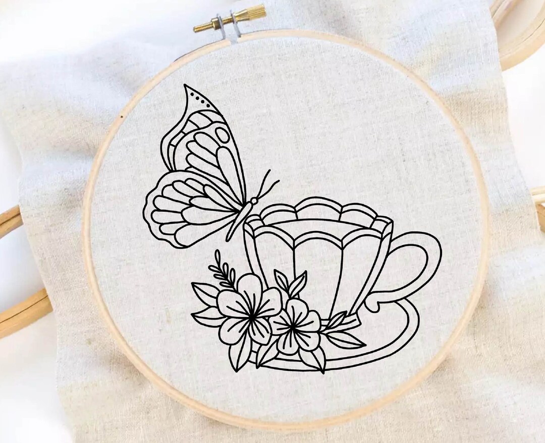 Tea Cup Embroidery Pattern Tea Time Hand Embroidery Tea Cup Flower Hand ...