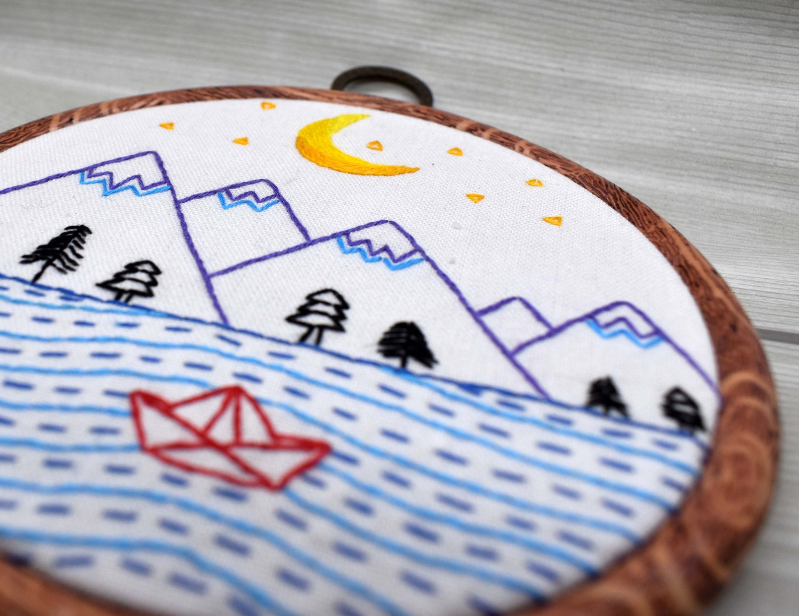River and Ship Embroidery Pattern Night Moon Embroidery Pattern Red ...