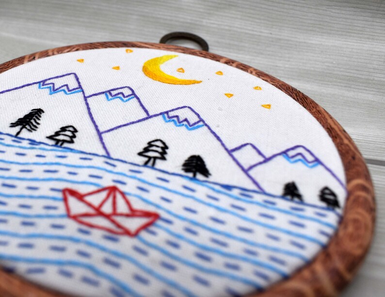 River and Ship Embroidery Pattern Night Moon Embroidery | Etsy