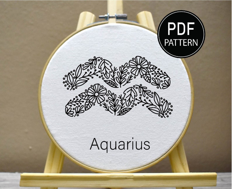 Aquarius Embroidery Pattern Zodiac Embroidery Flower Zodiac - Etsy
