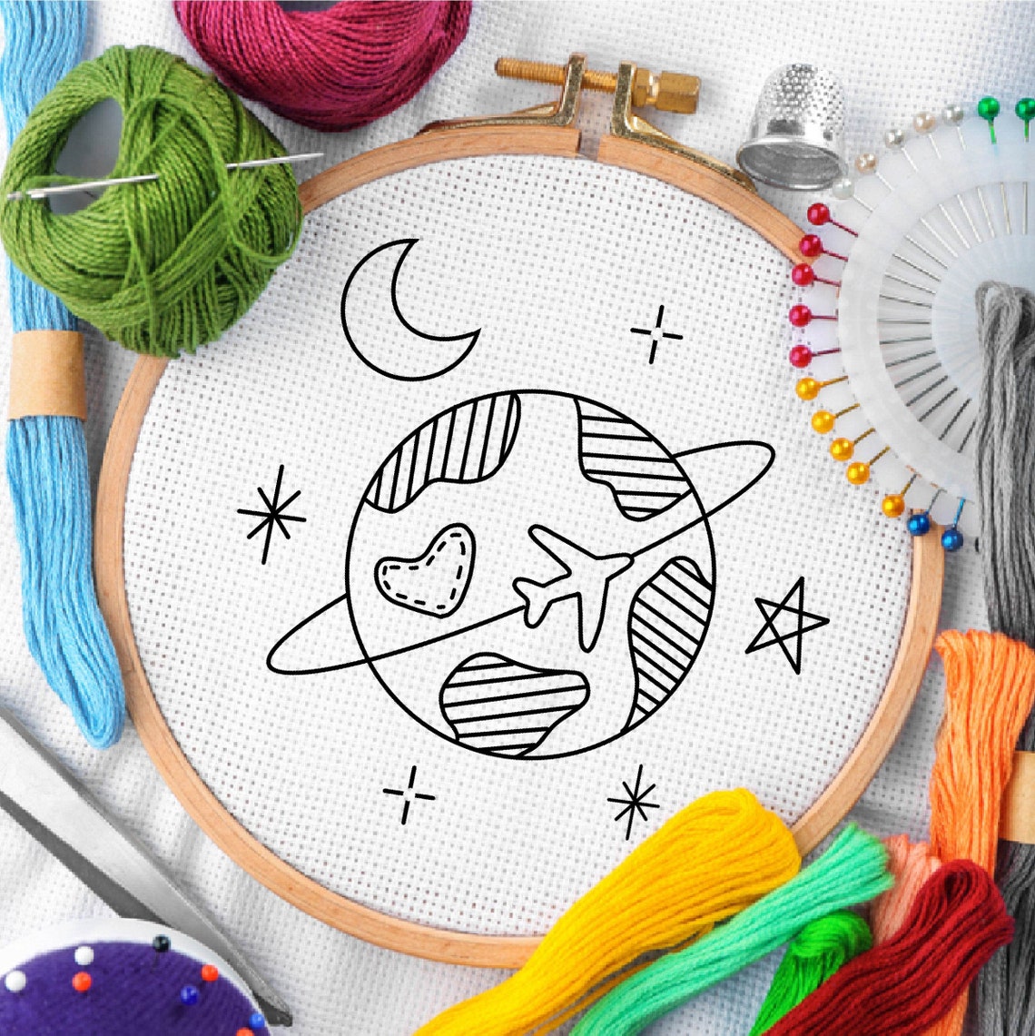 Planet Embroidery Pattern Earth Embroidery Pattern Plane Hand - Etsy