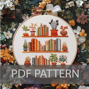 Bookshelf Embroidery Pattern Flower Bookshelf Embroidery Reading ...