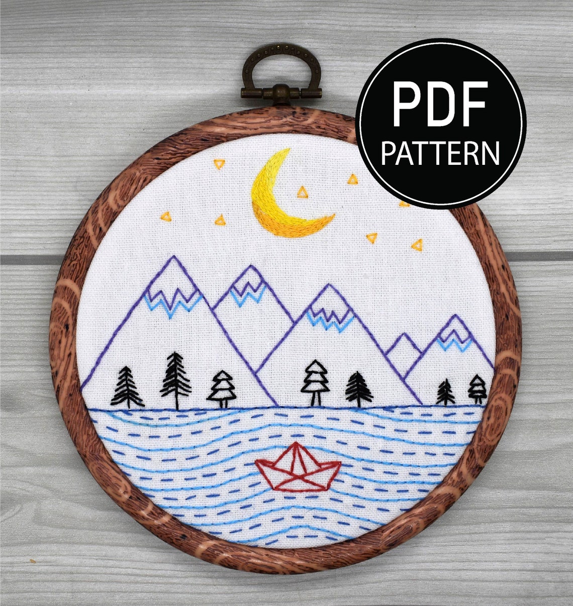 River and Ship Embroidery Pattern Night Moon Embroidery - Etsy