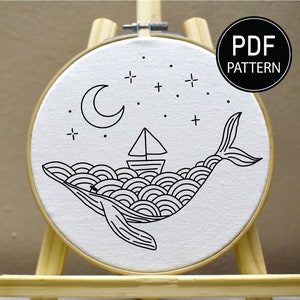 Whale and Wave Embroidery Pattern Sea Whale Embroidery Whale Embroidery ...