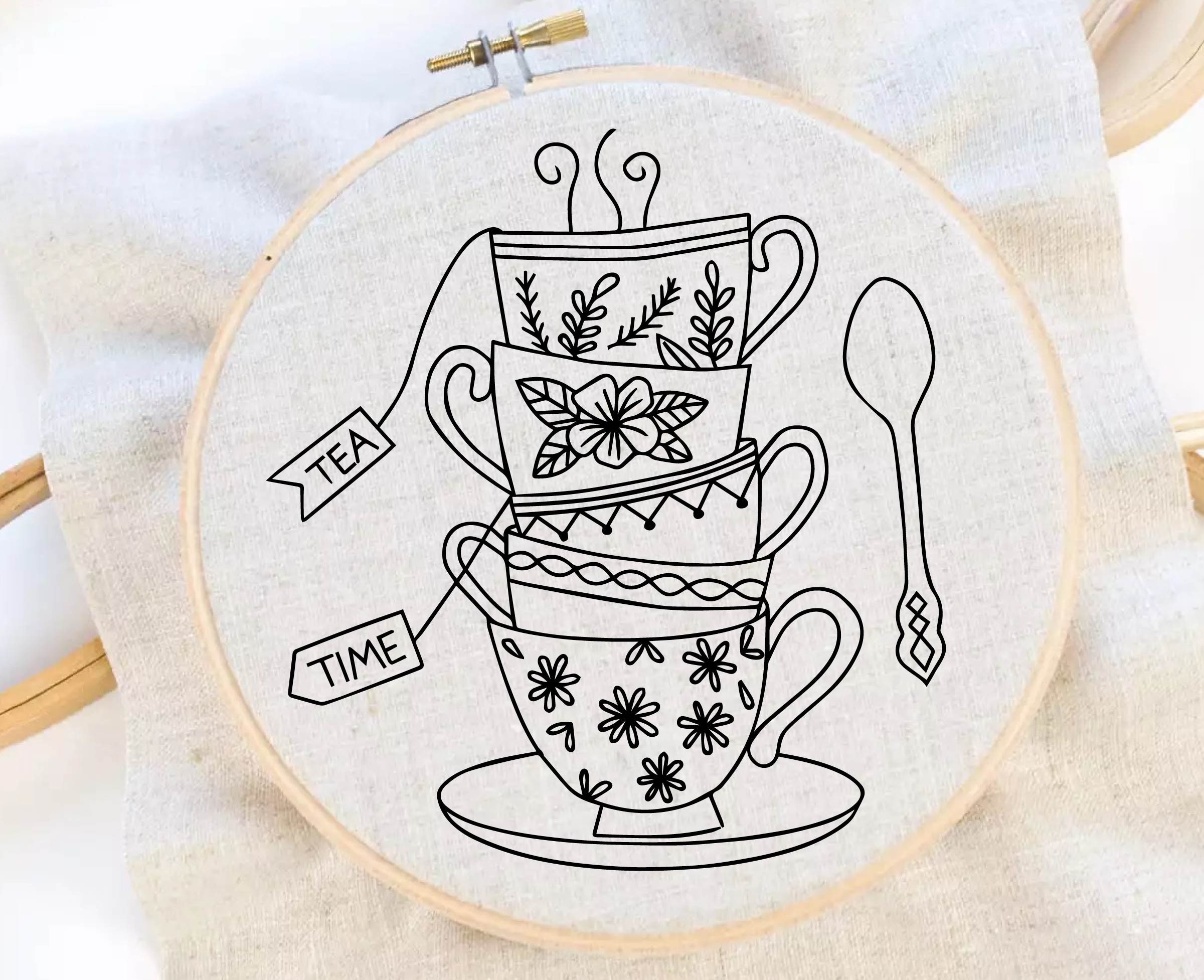 Tea Time Embroidery Pattern- Tea Cups Embroidery Pattern - Tea Cup ...