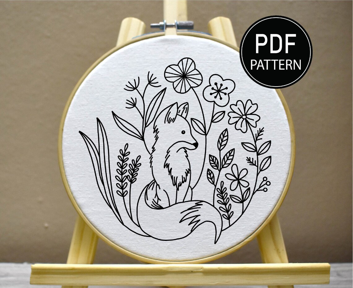 Fox Embroidery Pattern Floral Embroidery Pattern Fox Hand - Etsy