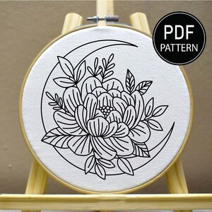 Moon Flower Embroidery Pattern Celestial Moon Embroidery Pattern Lunar ...