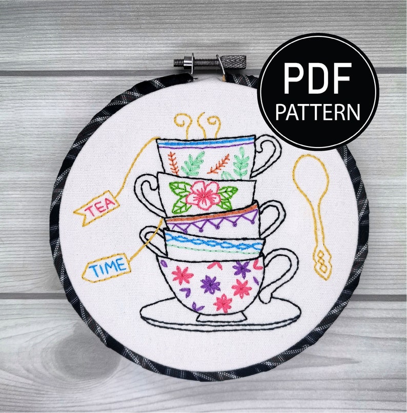 Tea Time Embroidery Pattern Tea Cups Embroidery Pattern Tea - Etsy