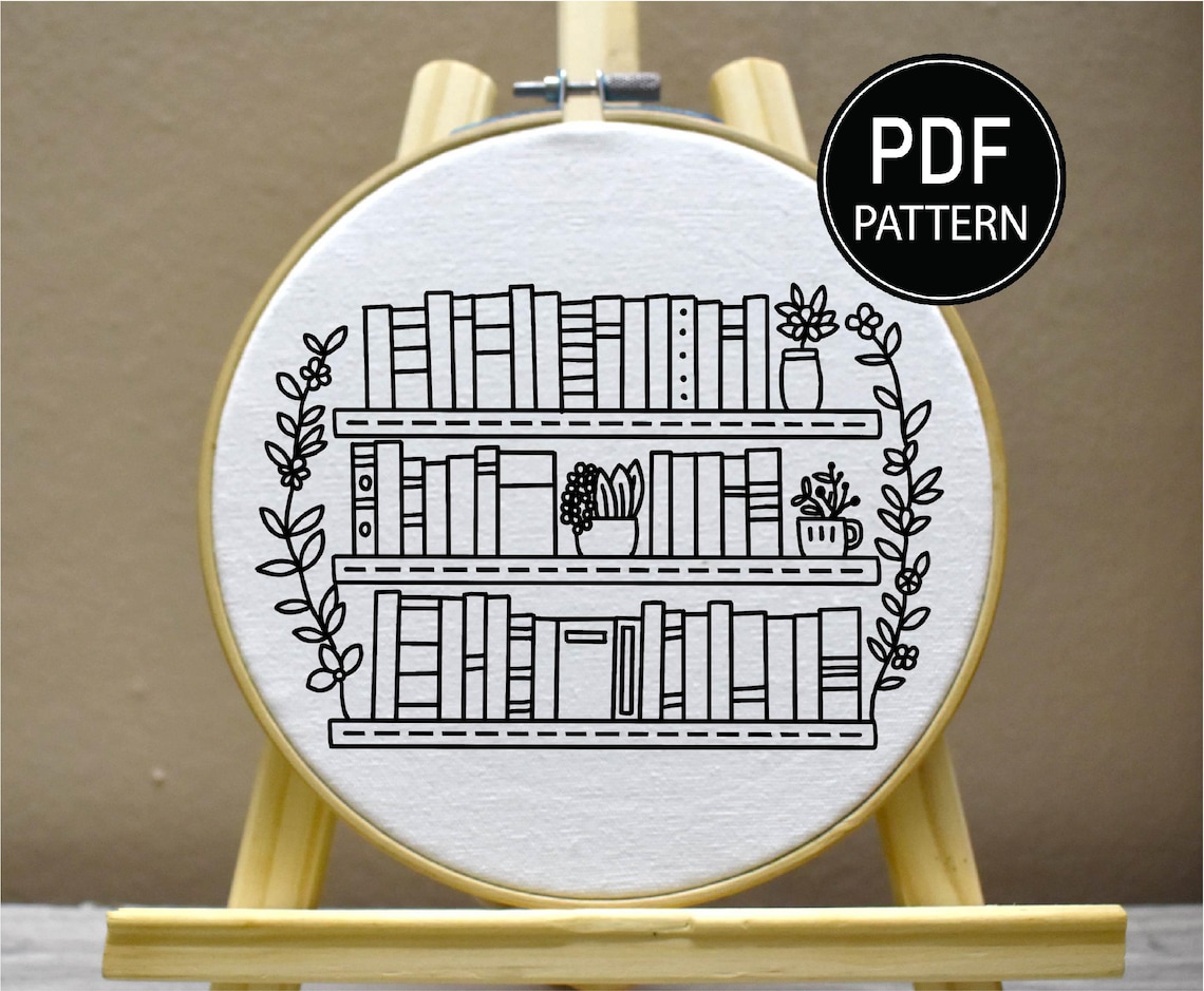 Flower Bookshelf Embroidery Pattern Floral Bookshelf Embroidery Reading ...