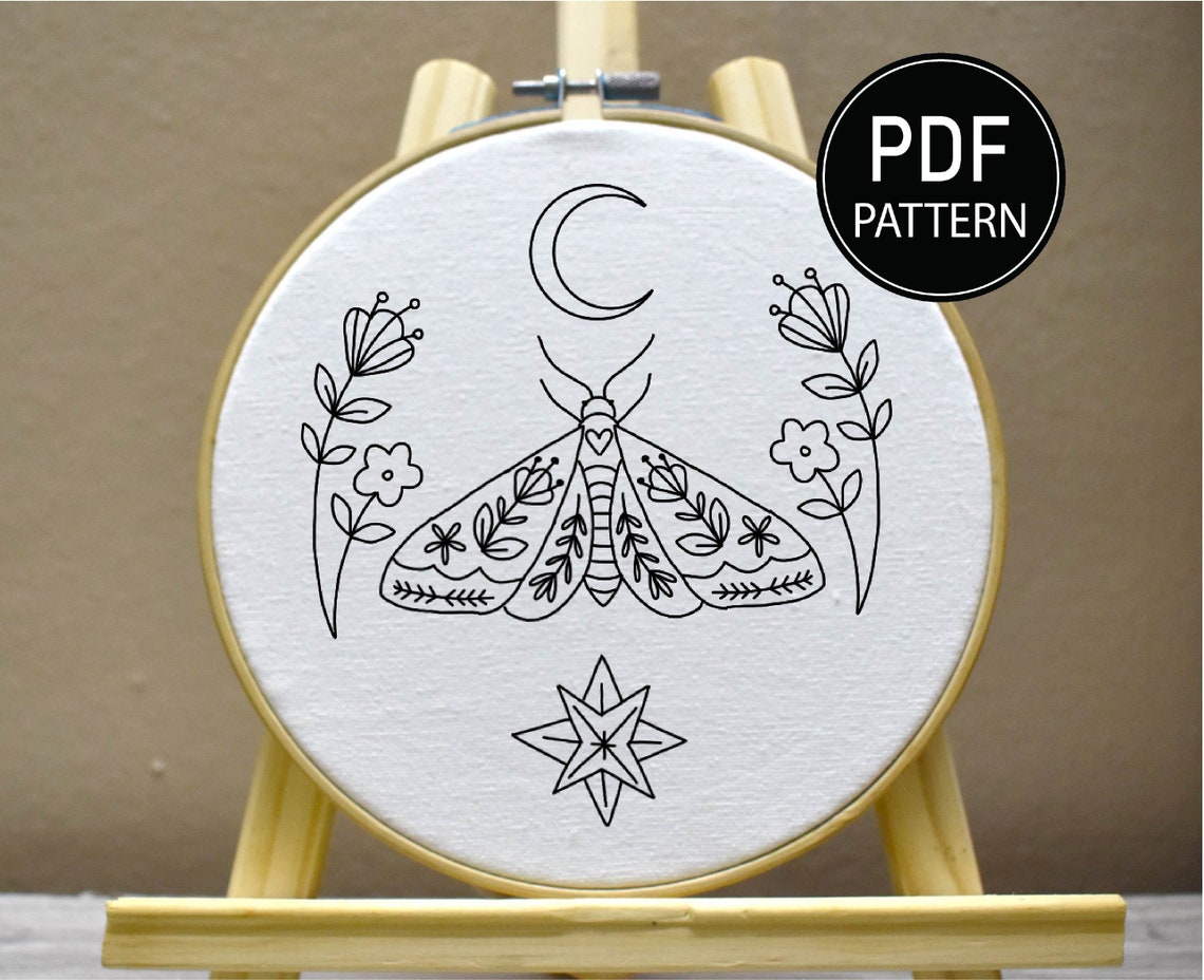 Flower Moth Embroidery Pattern Moth Folk Art Embroidery Insect - Etsy