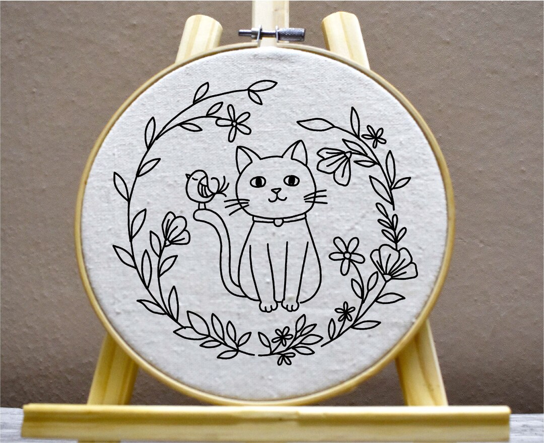 Cat Embroidery Wreath Embroidery Cat and Wreath Embroidery Pattern Cat ...