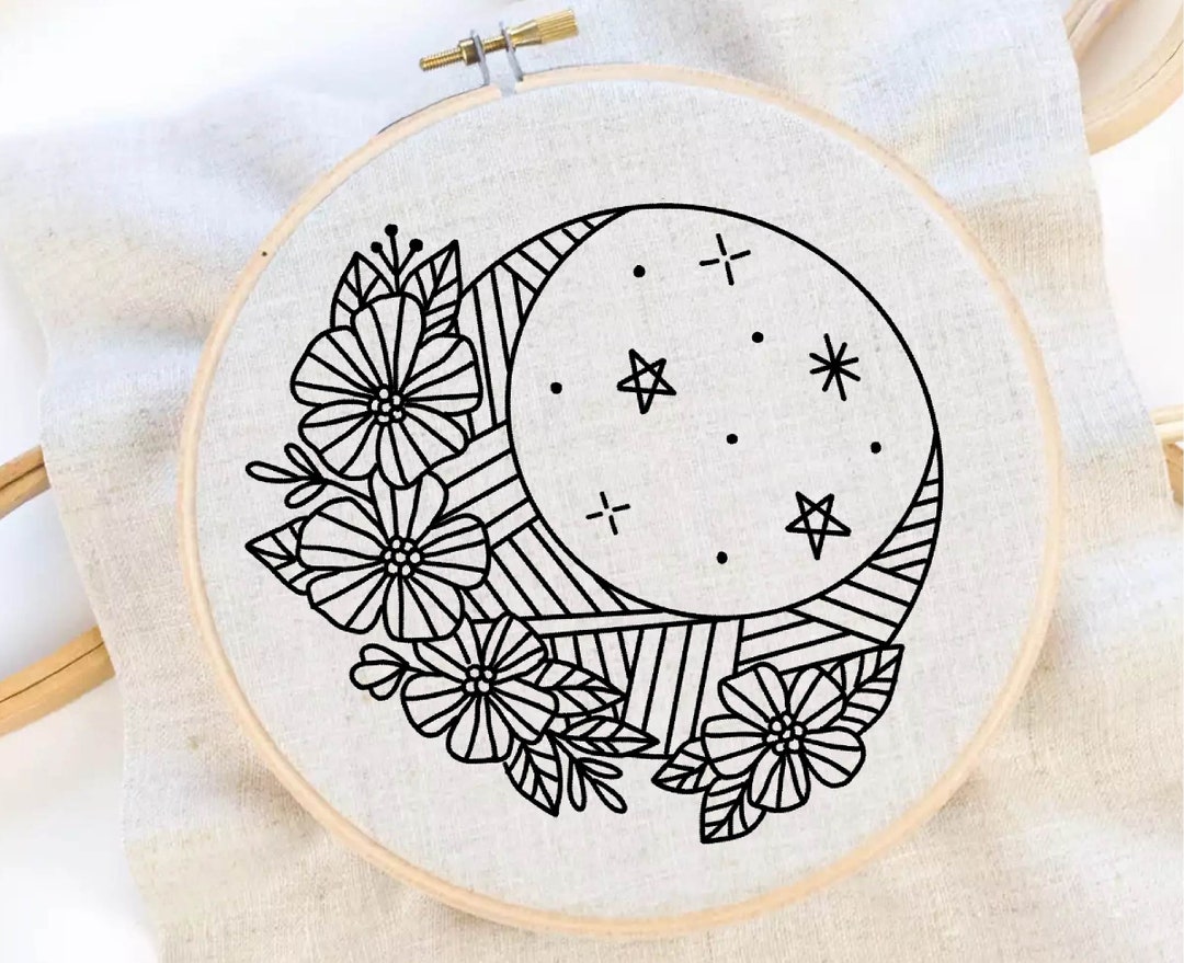 Moon Flower Embroidery Pattern Line Art Pattern Hand Embroidery Pattern ...