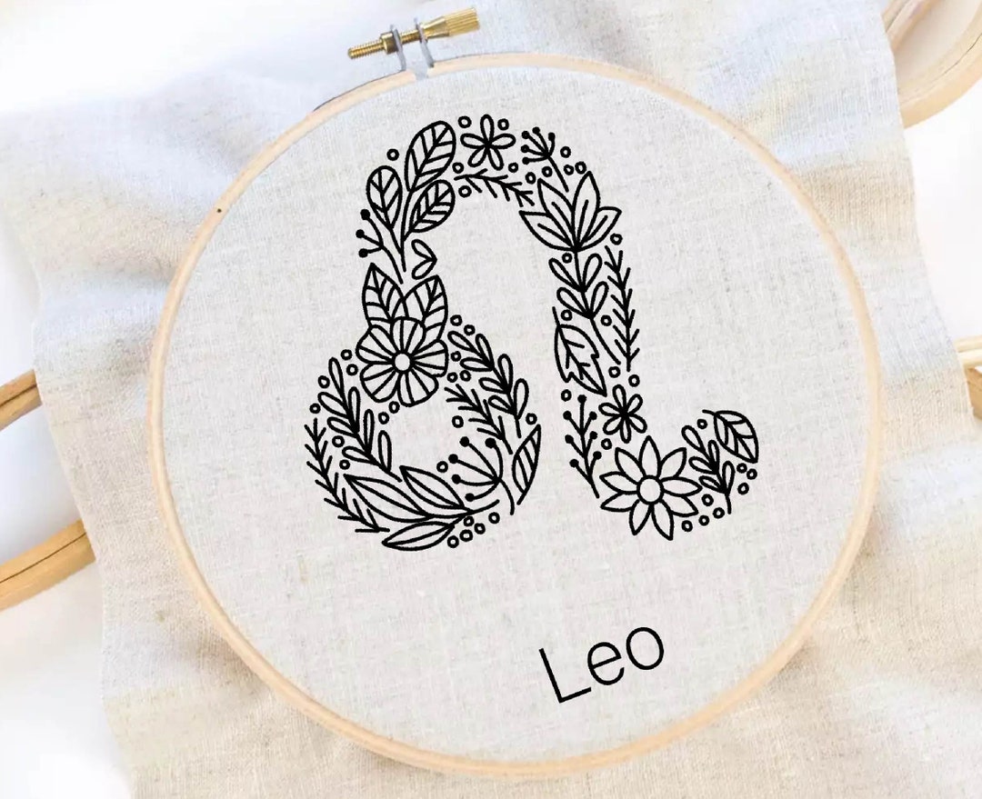 Leo Embroidery Pattern Zodiac Embroidery Flower Zodiac Hand Embroidery ...