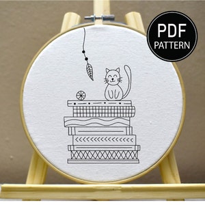 Cat and Books Embroidery Pattern Stack of Books Embroidery Pattern ...