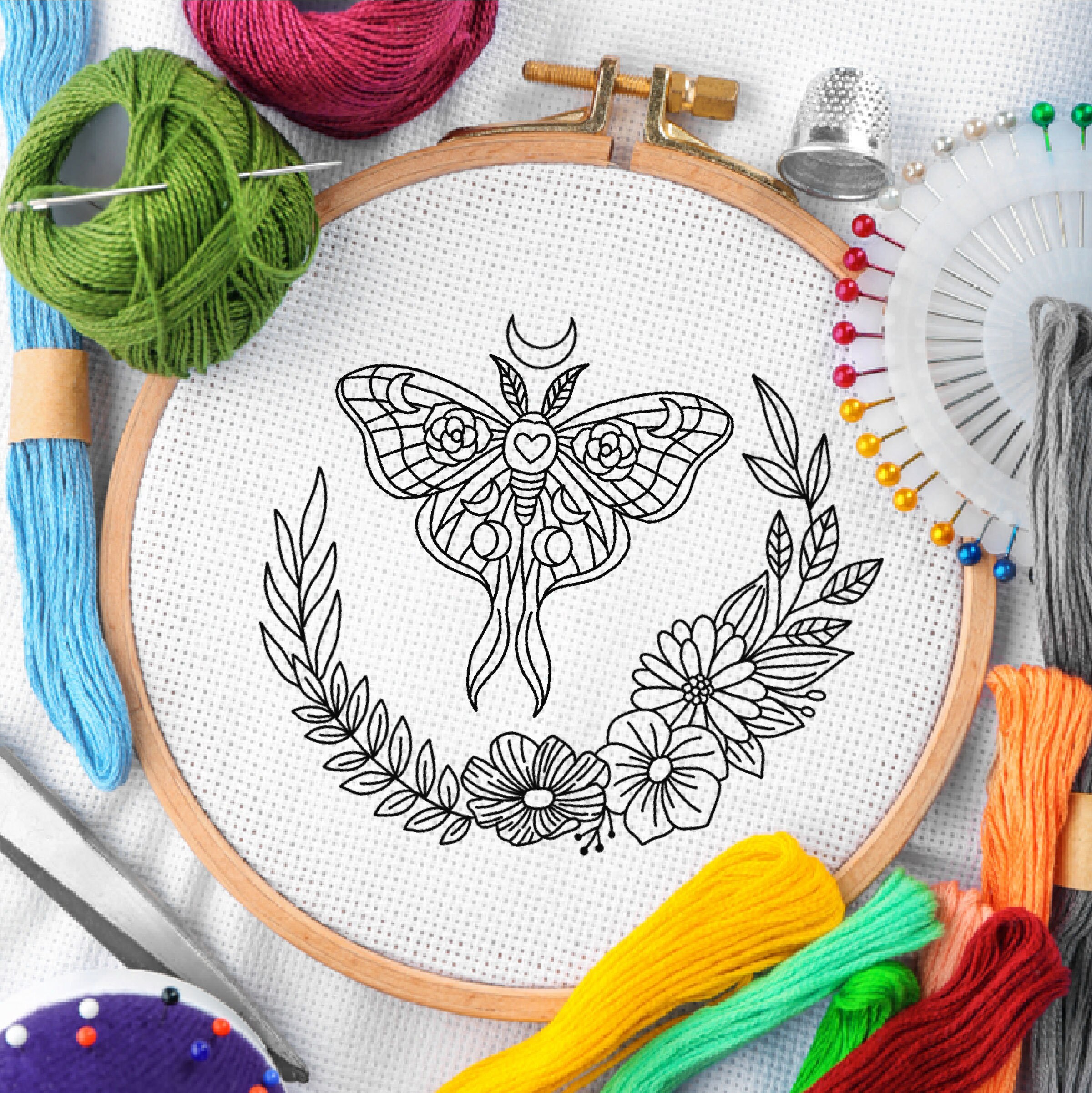 Flower Moth Embroidery Pattern Flower Embroidery Pattern - Etsy