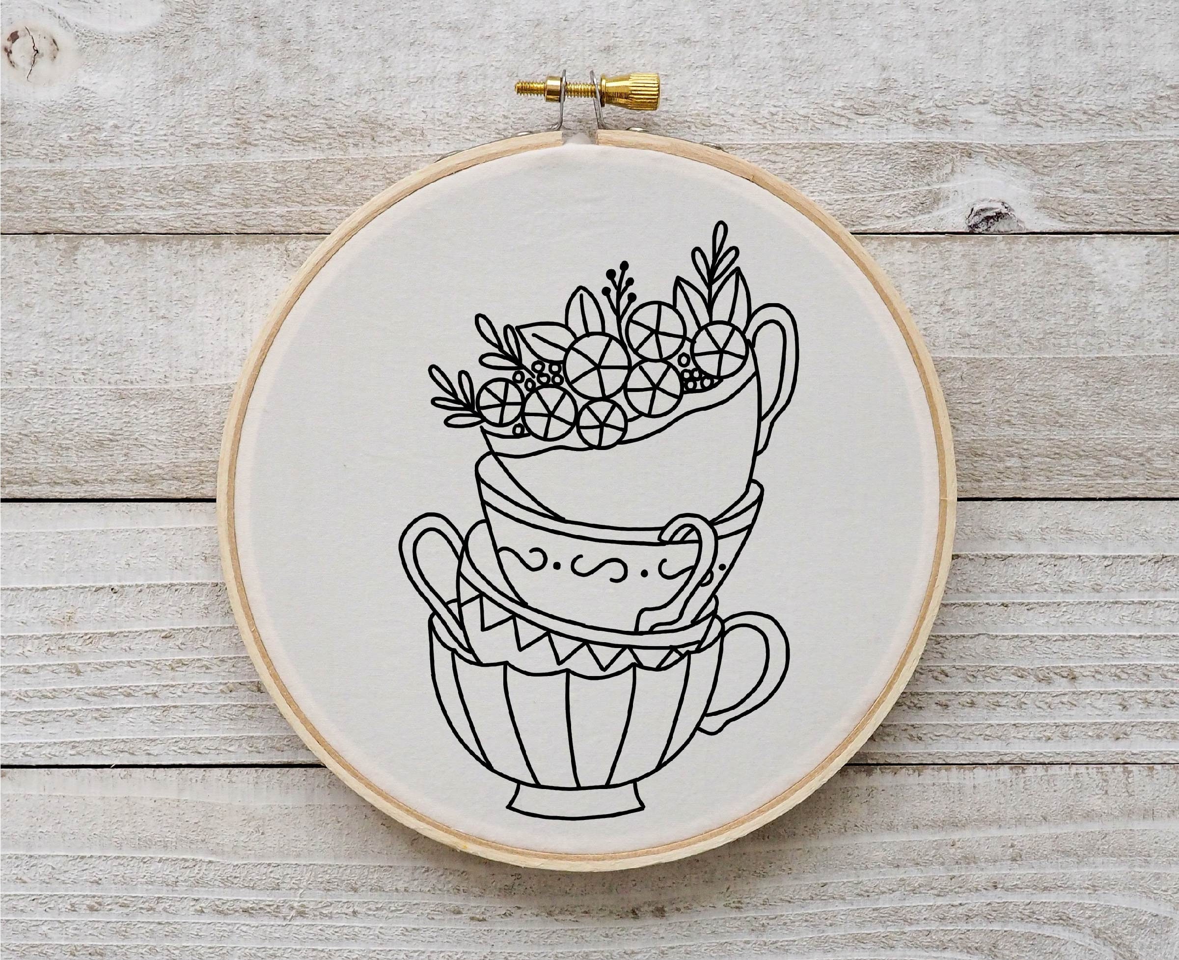 Flower Tea Cups Embroidery Pattern Tea Time Hand Embroidery Tea Cup and ...
