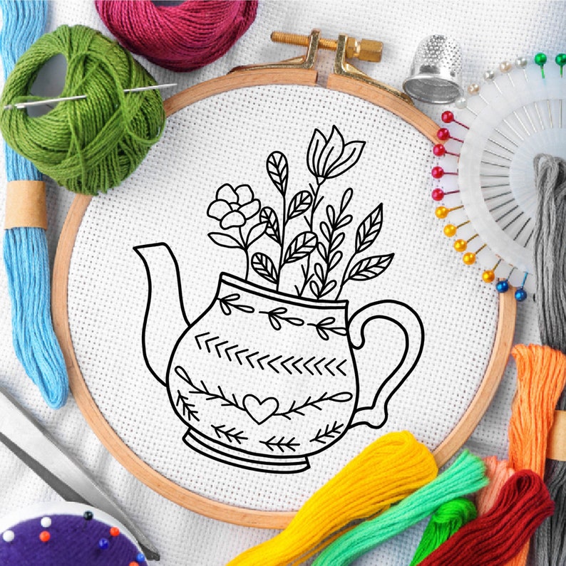 Flower Tea Pot Embroidery Pattern Bouquet Hand Embroidery Tea - Etsy
