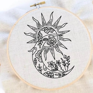 Moon Flower Embroidery Pattern Celestial Moon Embroidery Pattern ...