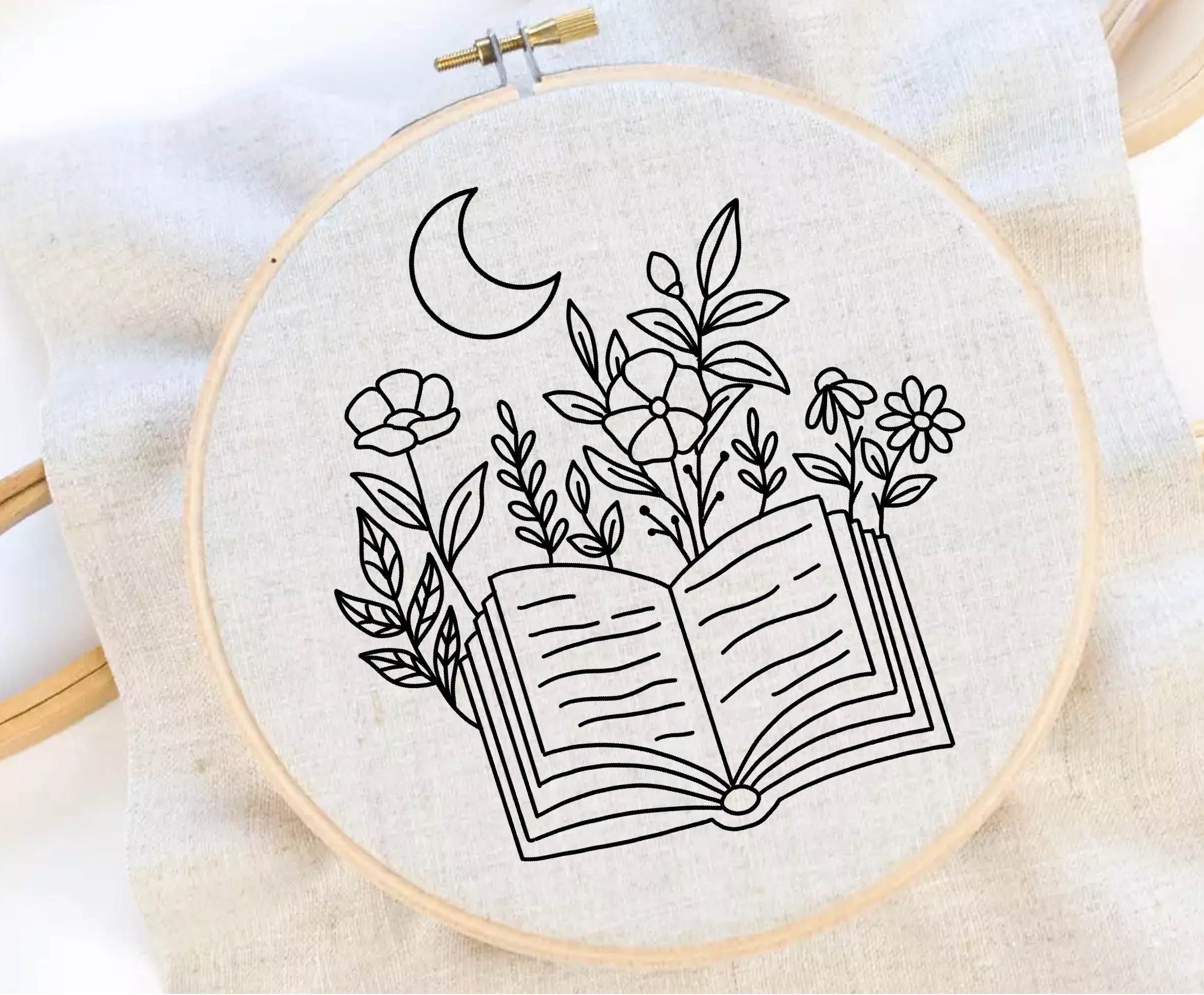 Book Flower Embroidery Pattern Book Lover Embroidery Reading Embroidery ...
