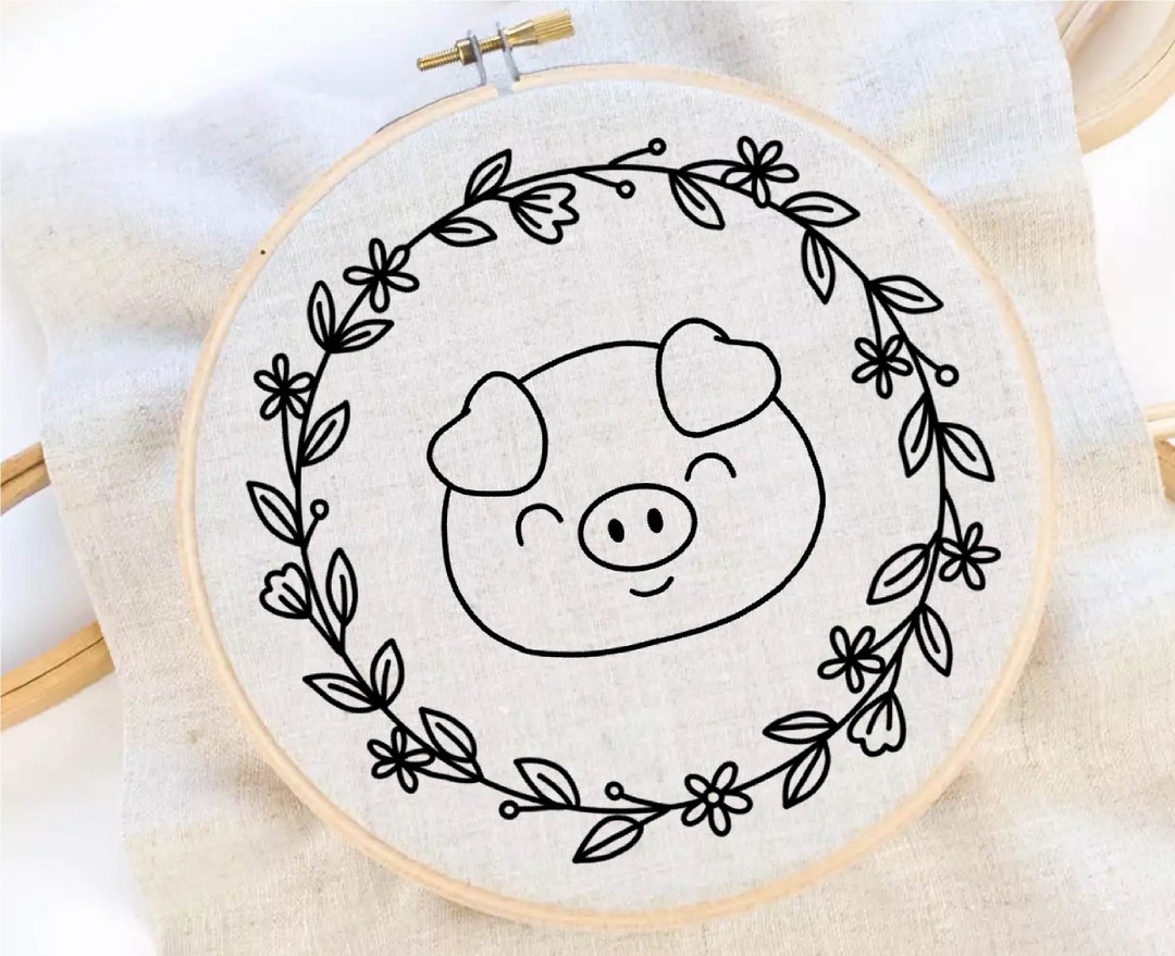 Baby Pig Embroidery Pattern Cute Pig Embroidery Pattern Wreath Animal ...