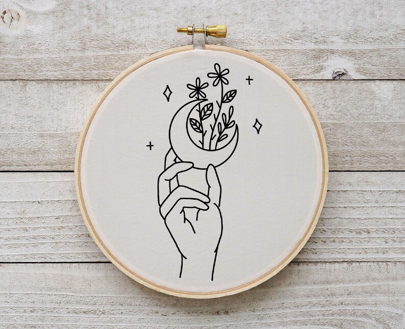 Moon Flower Embroidery Pattern Celestial Moon Embroidery - Etsy