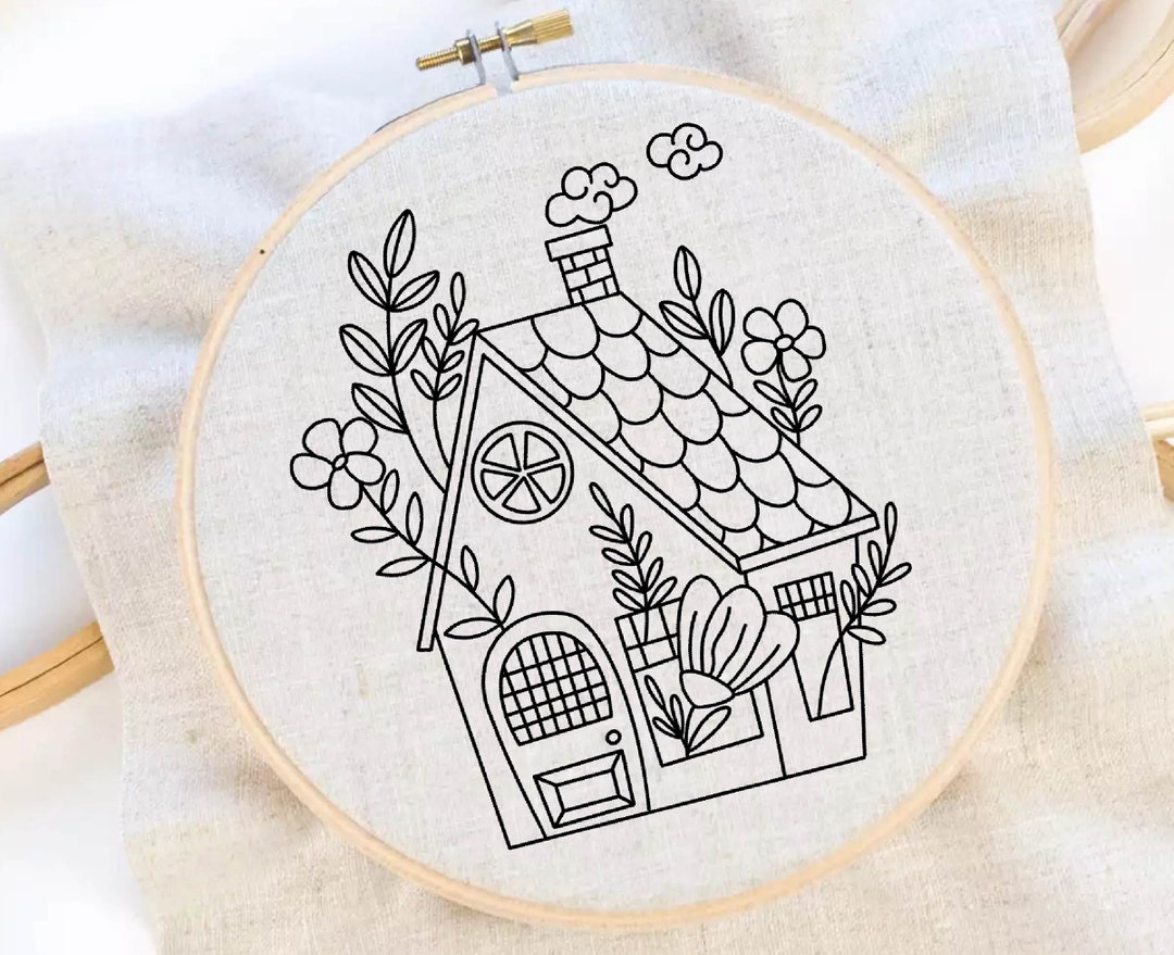 Flower House Embroidery Pattern Floral Line Art Embroidery Pattern Cute ...