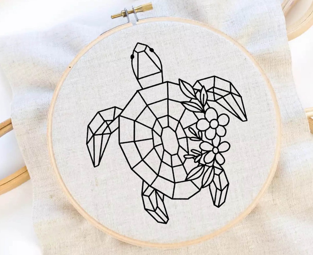 Turtle Flower Embroidery Turtle Hand Embroidery Floral Hand Embroidery ...