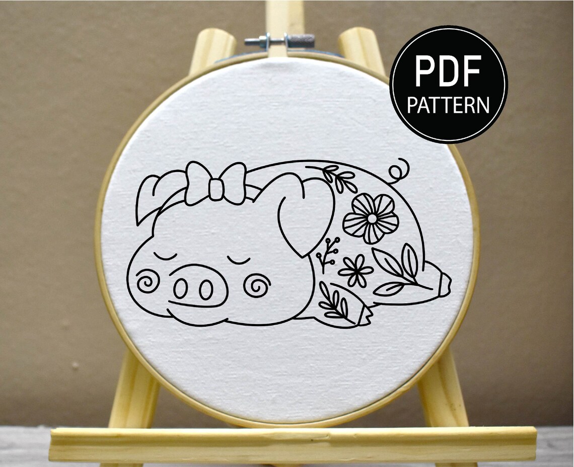 Pig Flowers Embroidery Pattern Cute Pig Embroidery Cute Piggy - Etsy