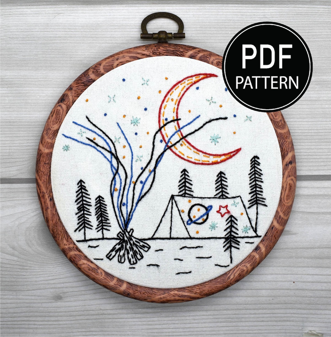 Camping Embroidery Pattern Galaxy Embroidery Camping Night Pattern Moon ...