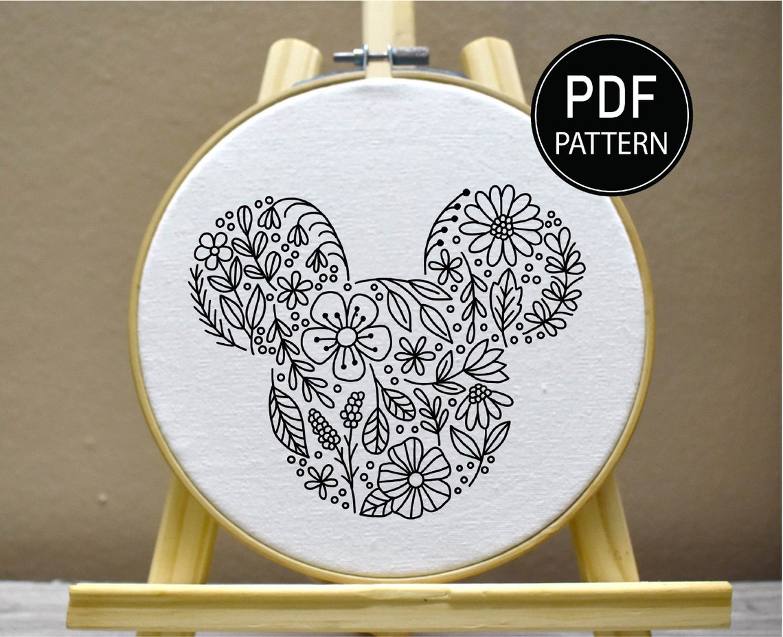 Flower Mickey Embroidery Pattern Floral Embroidery Pattern - Etsy