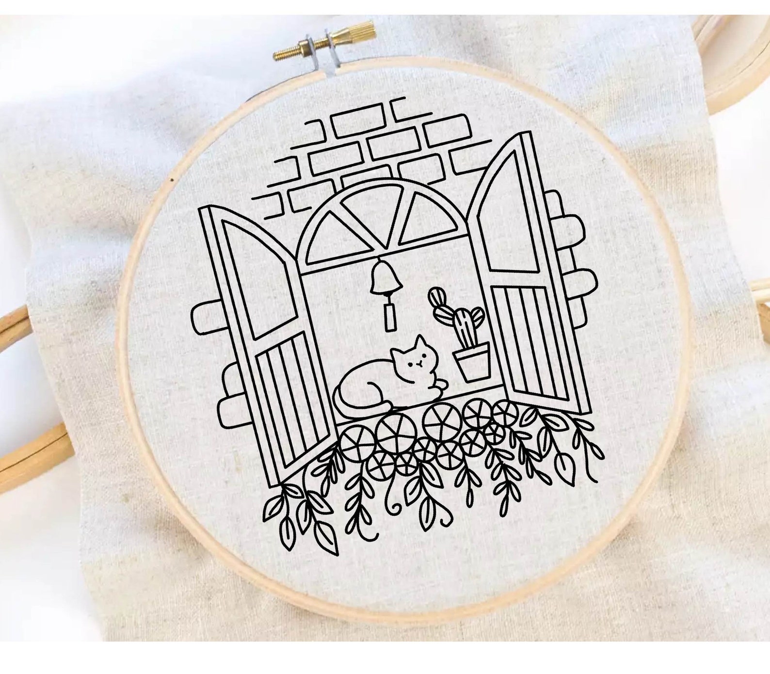 Cat Embroidery Pattern Cat Flower Embroidery Window and Cat - Etsy