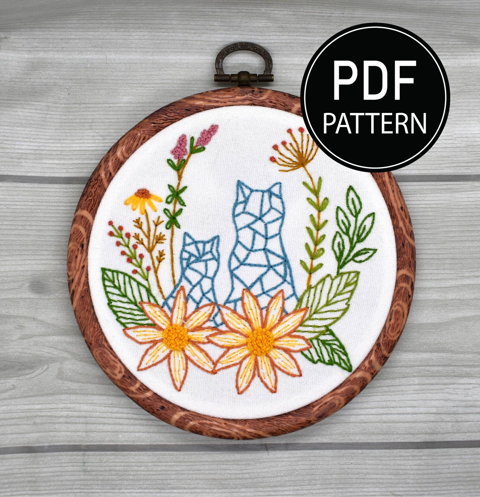 Cats and Flower Embroidery Pattern Cats Flower Embroidery | Etsy