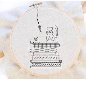 Cat and Books Embroidery Pattern Stack of Books Embroidery Pattern ...