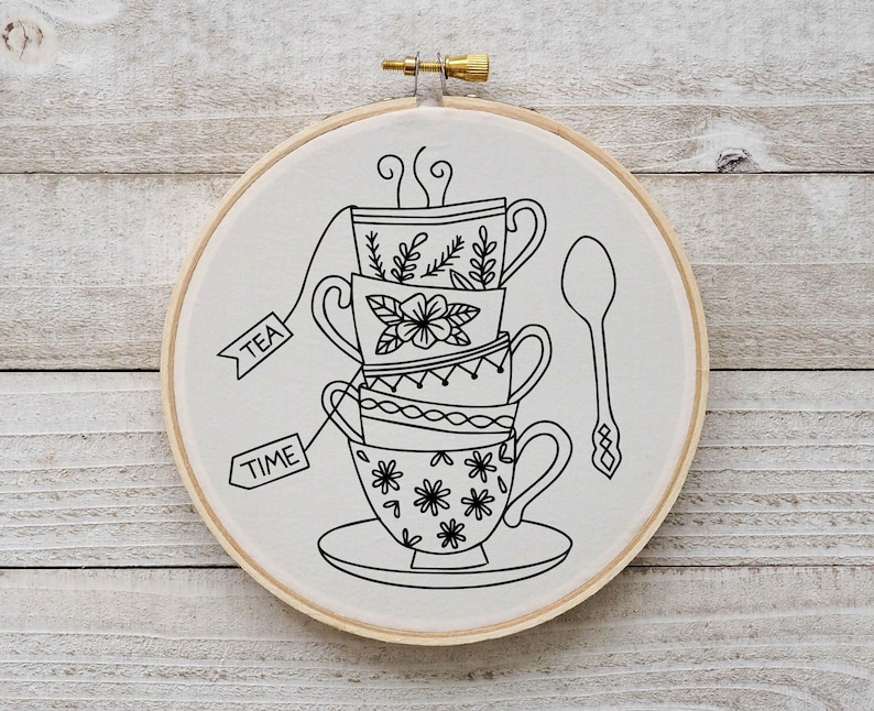 Tea Time Embroidery Pattern- Tea Cups Embroidery Pattern - Tea Cup ...