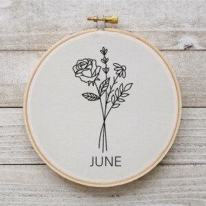 Birth Month Flower Embroidery Pattern June Flower Embroidery Rose ...