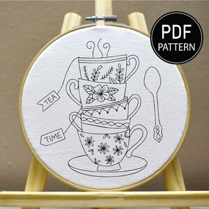 Tea Time Embroidery Pattern- Tea Cups Embroidery Pattern - Tea Cup ...