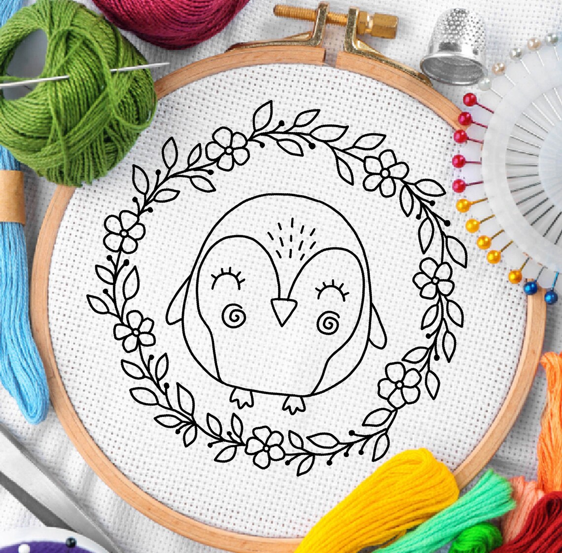 Penguin Embroidery Pattern Animal Wreath Hand Embroidery - Etsy