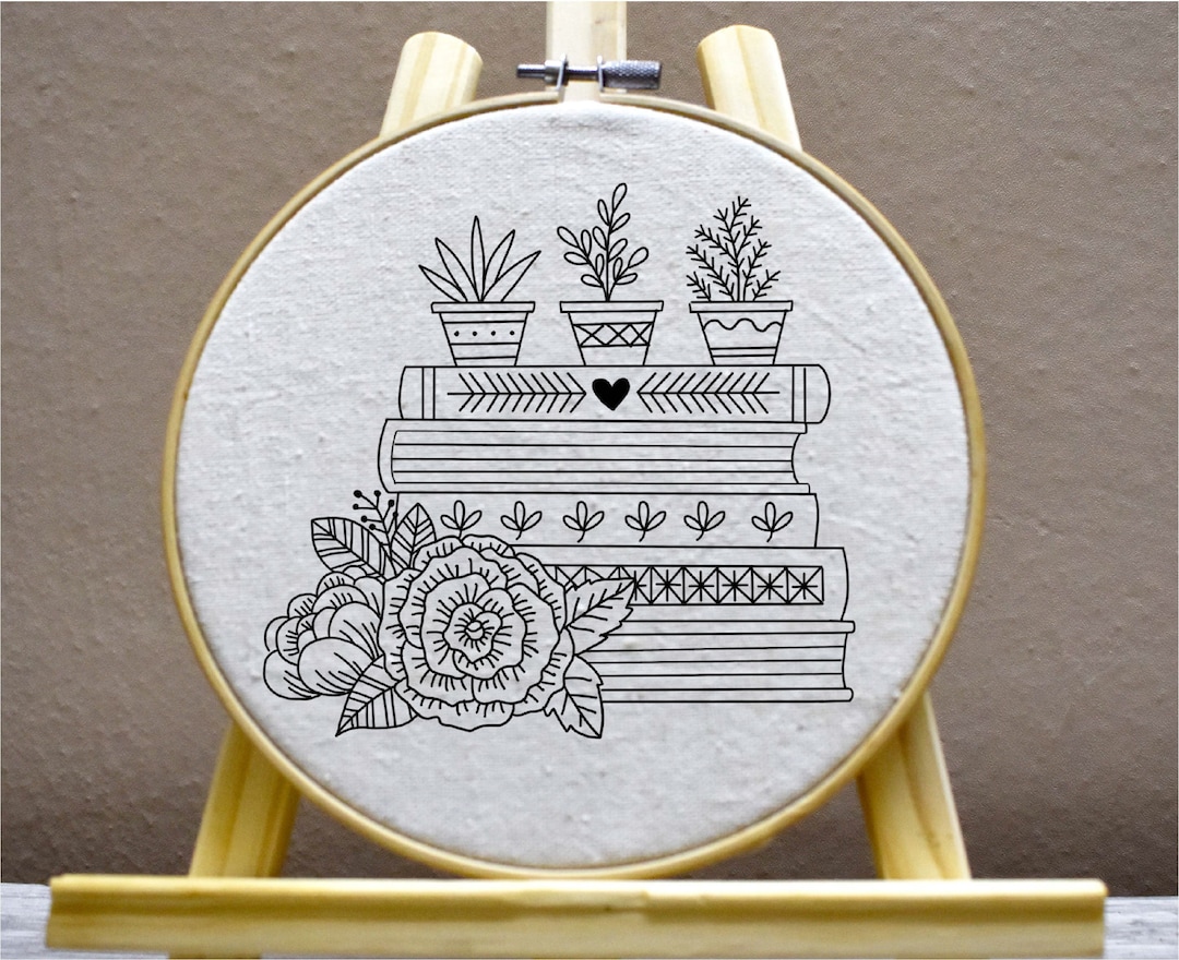 Books Embroidery Pattern Book Lover Embroidery Flower Books Embroidery ...